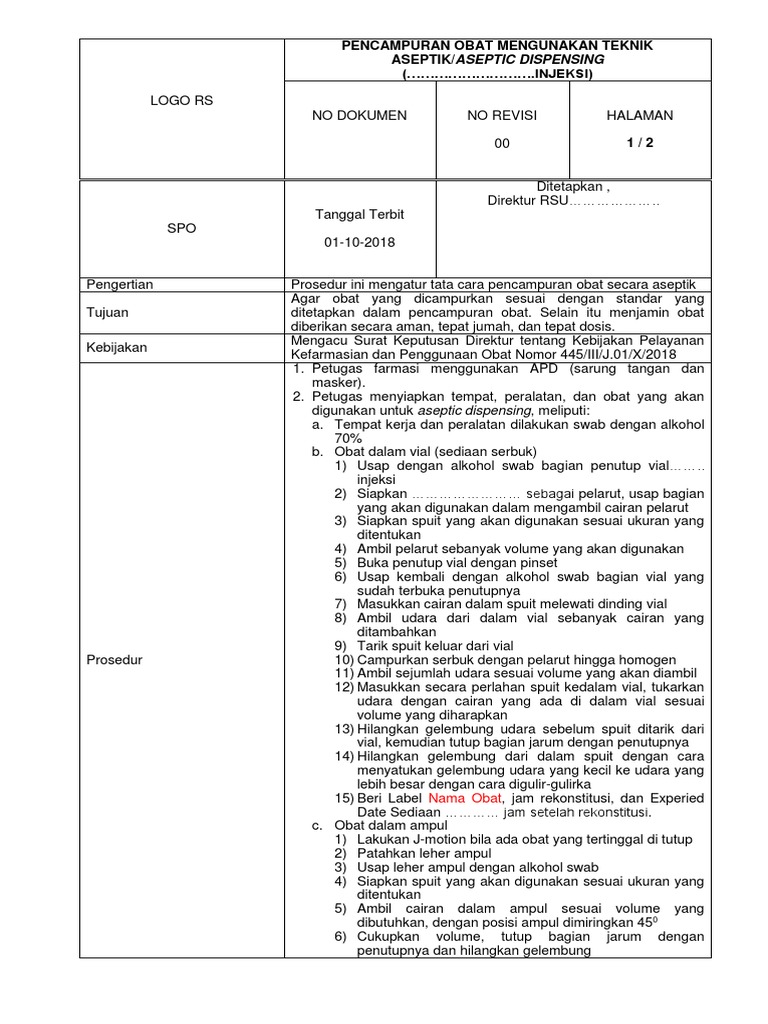 Prosedur Aseptik Pencampuran Obat | PDF