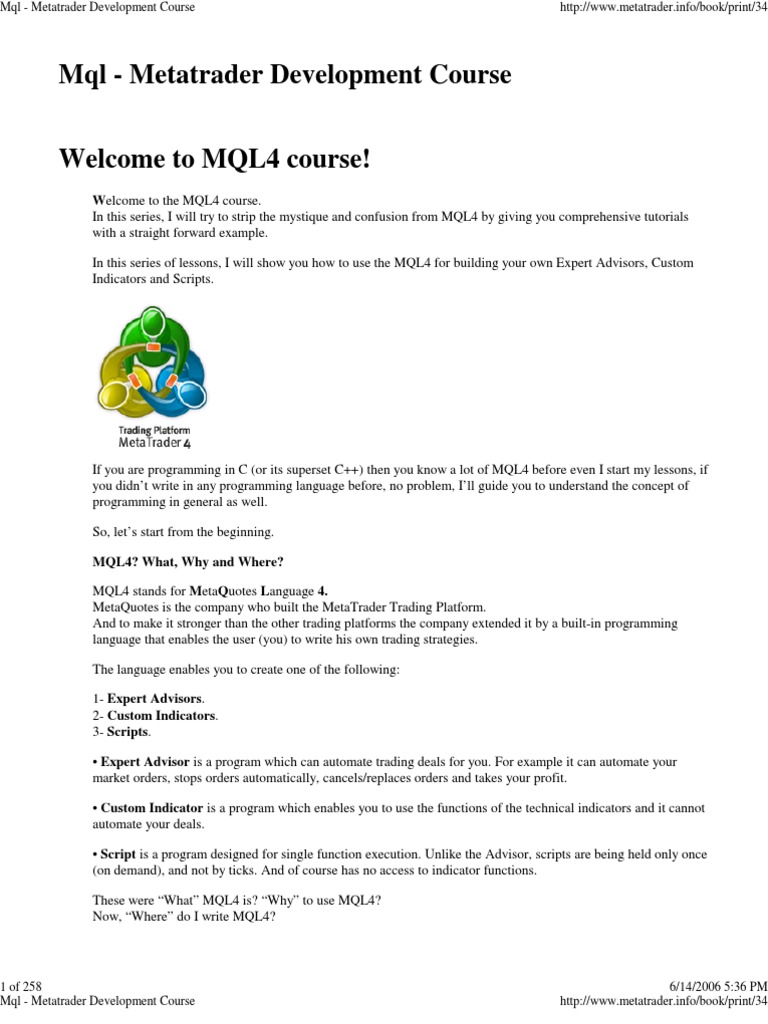 Mql 4 Met A Trader 4 Development Course Pdf Boolean Data Type Integer Computer Science