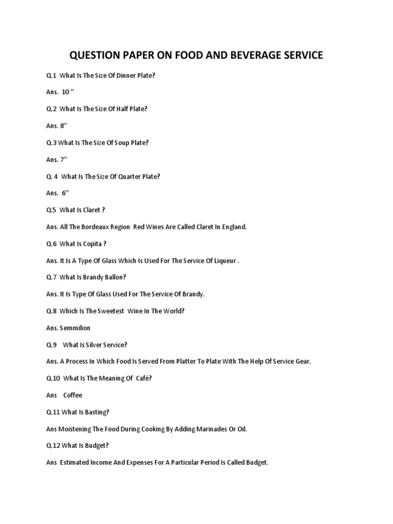 Question Paper Food and Beverage Service PDF | PDF | Food And Drink ...