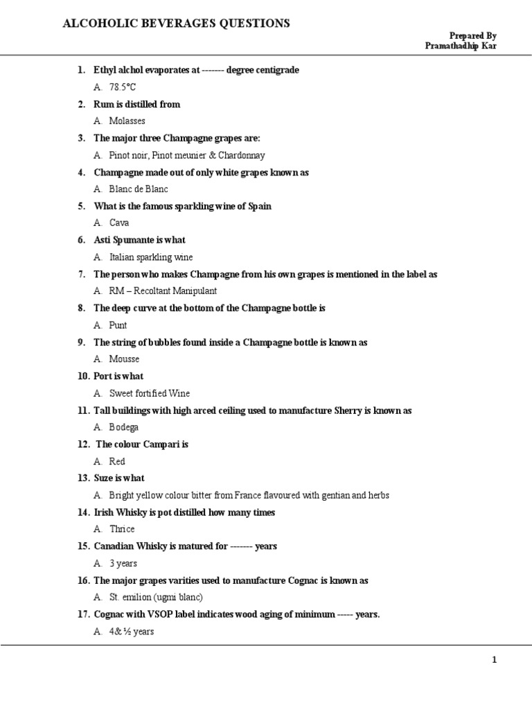 Alcoholic Beverages Quiz Questions | PDF | Brewing | Beer