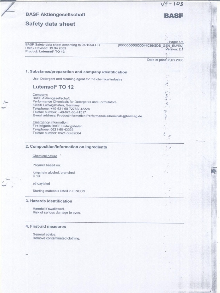 Lutensol To 12 MSDS, Basf | PDF