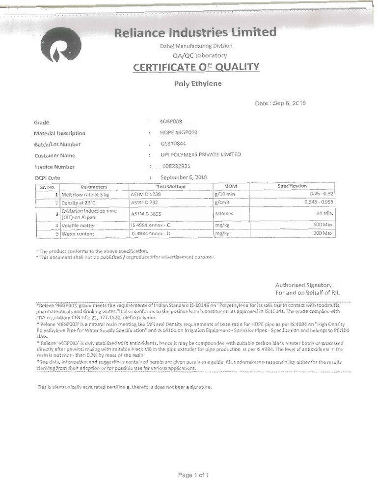 PE - 100 Test Certificate | PDF