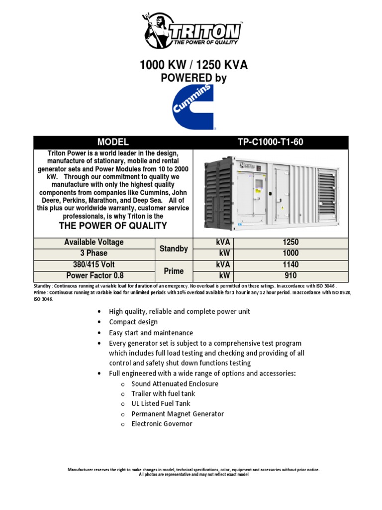 1000 KW Cummins Diesel Generator Set - Non EPA TP-C1000-T1-60 ...