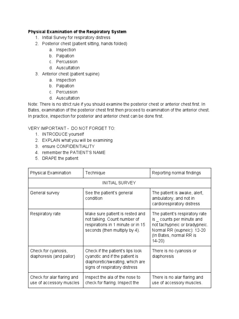 Respiratory System Physical Examination Guide | PDF | Physical ...