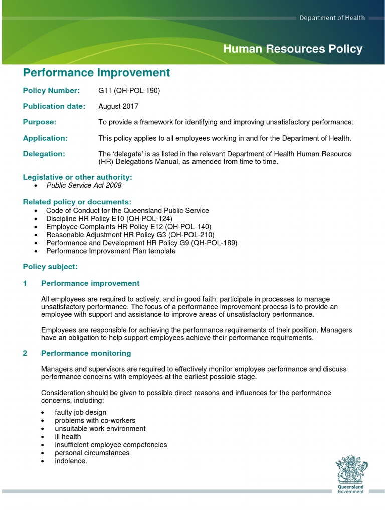 A Framework for Improving Unsatisfactory Performance: Queensland Health ...