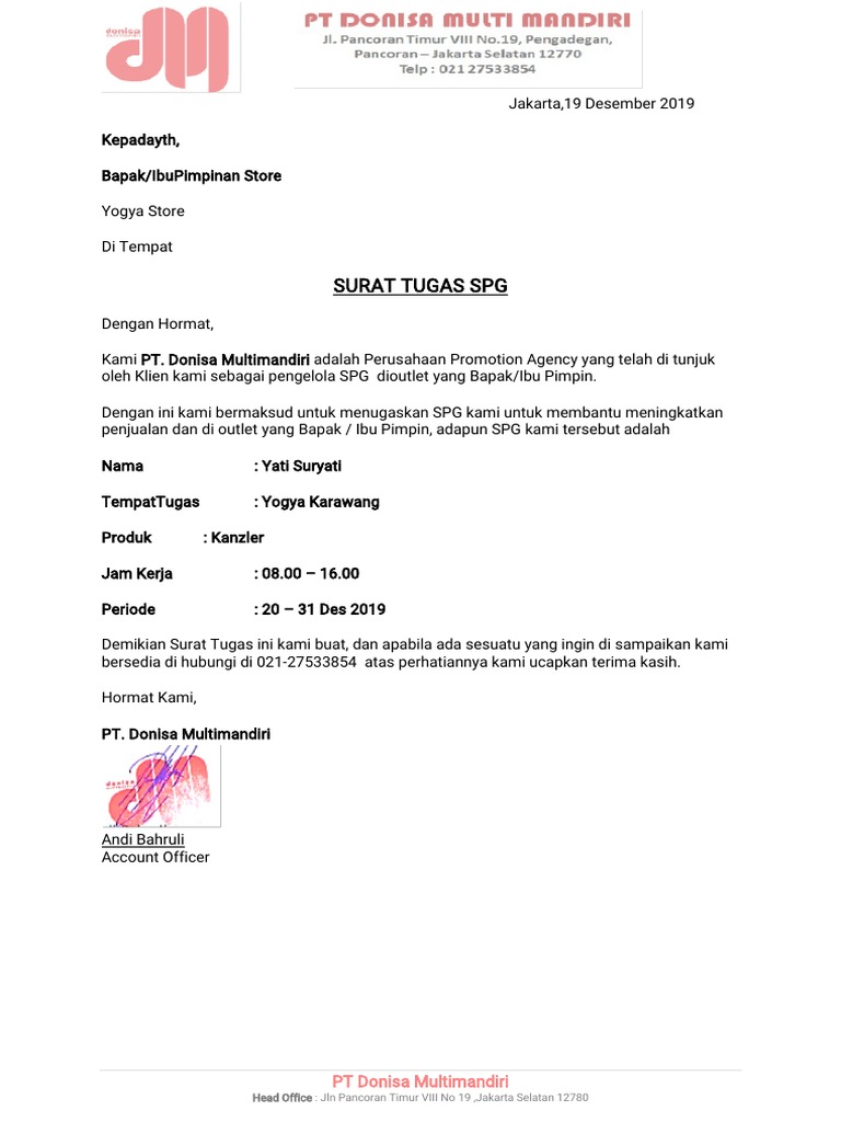 Surat Tugas SPG - Yati | PDF
