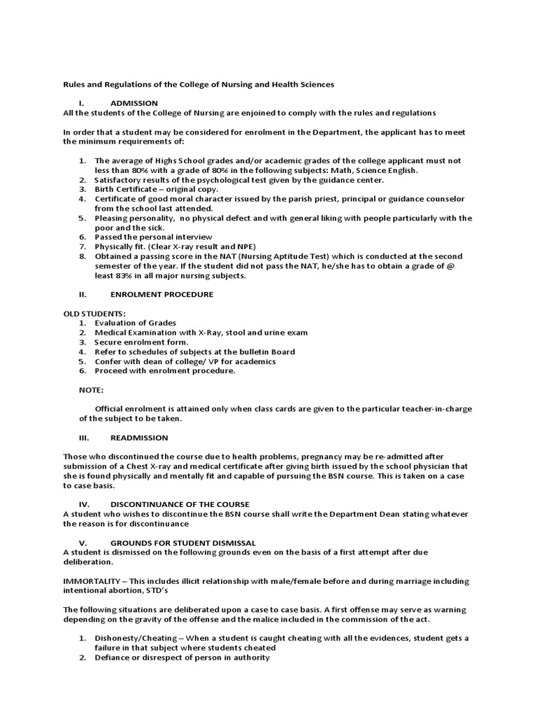 Rules and Regulations of The College of Nursing and Health Sciences ...