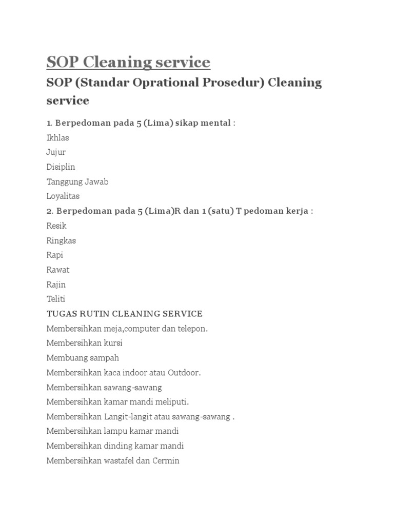 SOP Cleaning Service SOP Standar Opratio | PDF