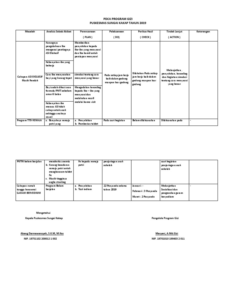 Pdca Program Gizi 2019 | PDF