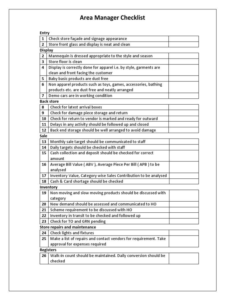 Area Manager Checklist | PDF | Inventory | Business