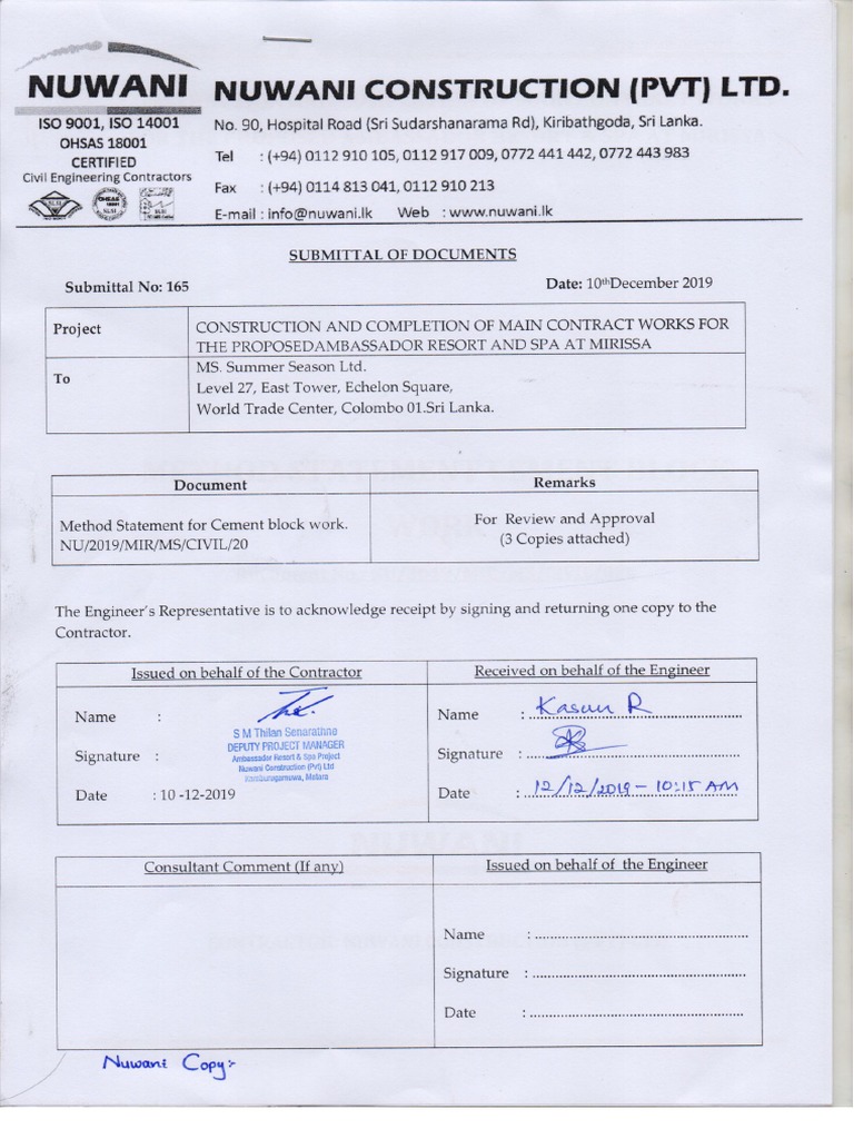 Method Statement For Cement Block Work - Submittal No.165 PDF | PDF ...