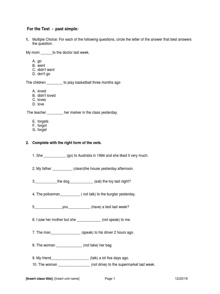 Test Present Simple and Past Simple | PDF