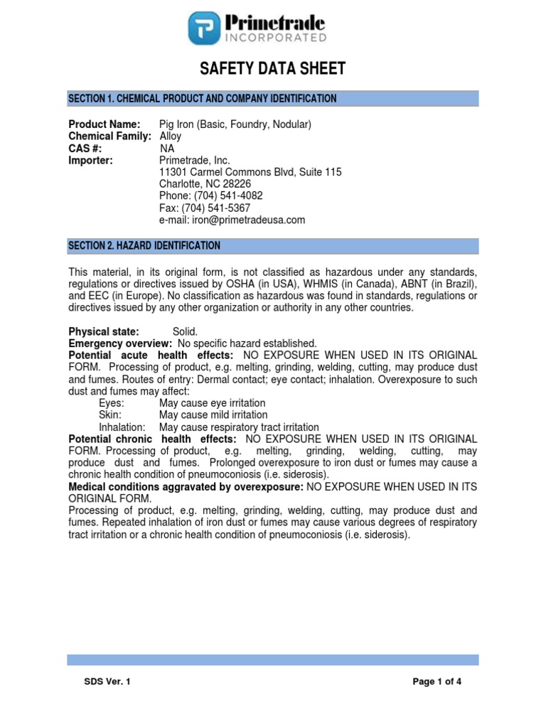 Pig Iron SDS Primetrade | PDF | Personal Protective Equipment | Waste