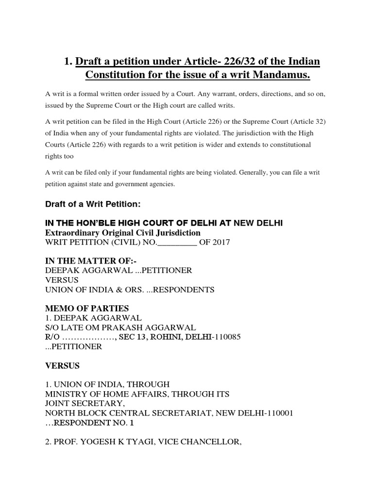 Writ Mandamus Petition Draft Under Article 226 | PDF | Writ | Mandamus