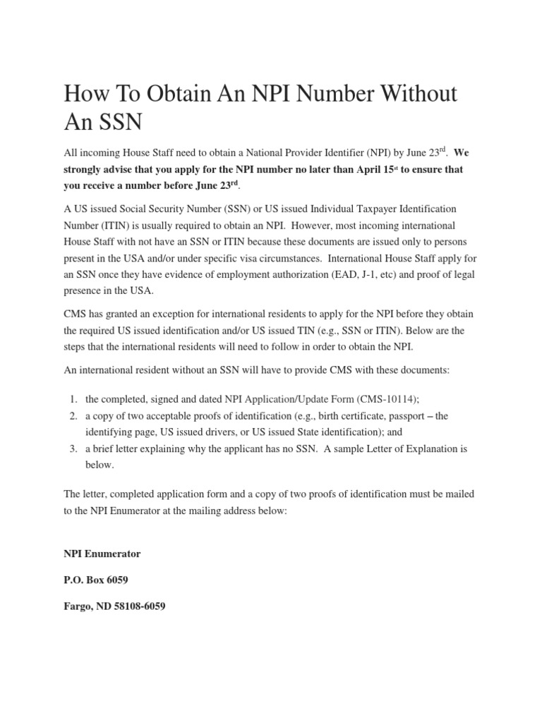 How To Obtain An NPI Number Without An SSN | PDF | Social Security ...