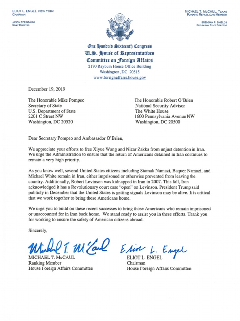 Congressional Letter To Secretary Pompeo and NSA O'Brien On Iran ...