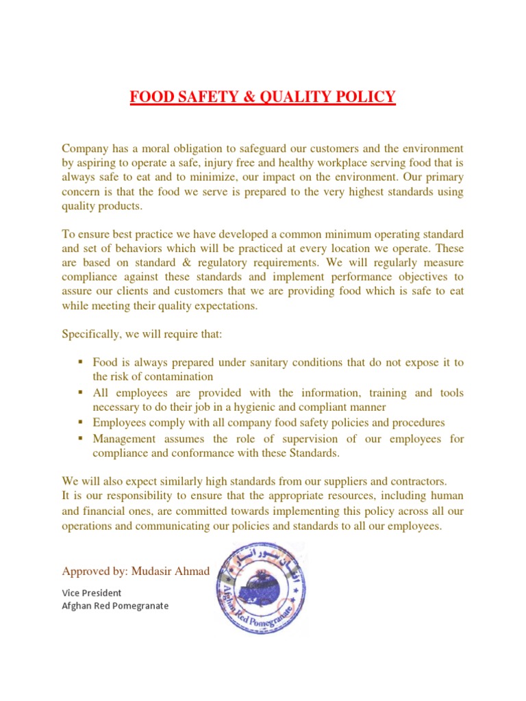 ARP Food & Quality Policy | PDF