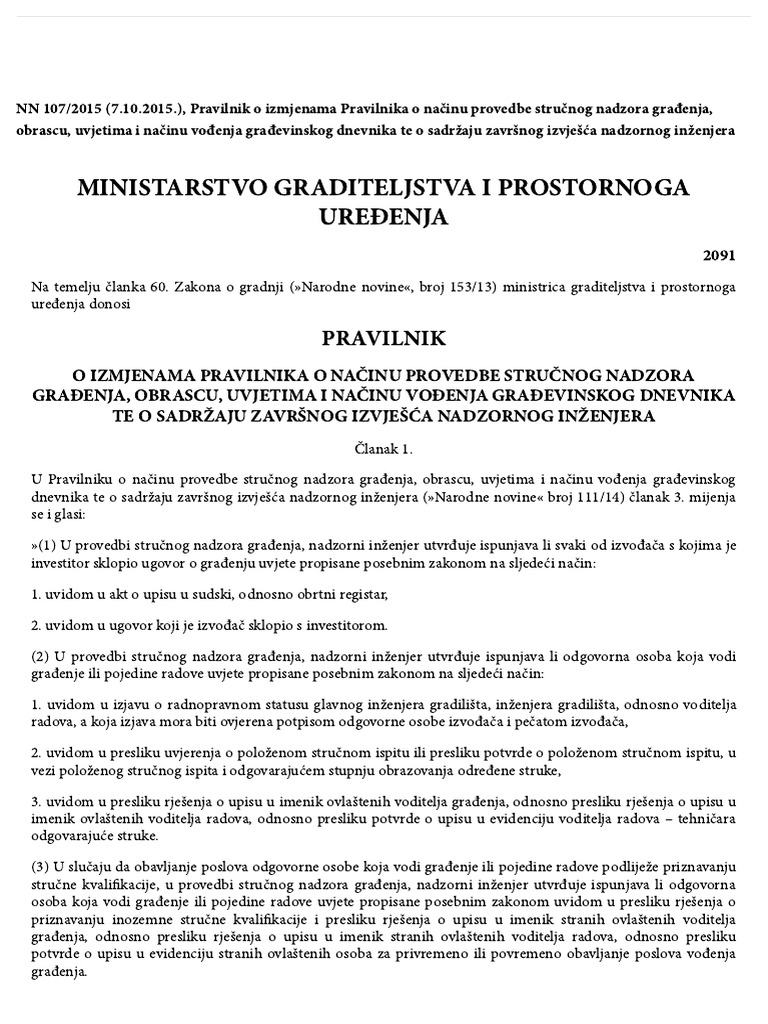 Pravilnik o Izmjenama Pravilnika o Načinu Provedbe Stručnog Nadzora ...