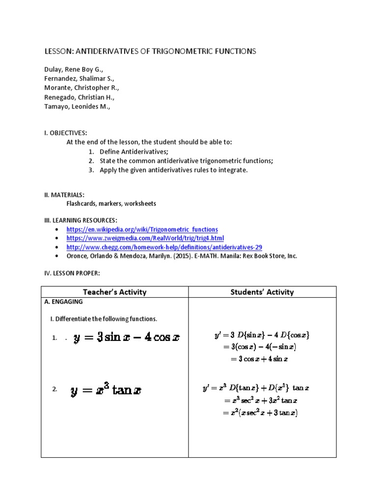Lesson Plan-Antiderivatives | PDF | Trigonometric Functions ...