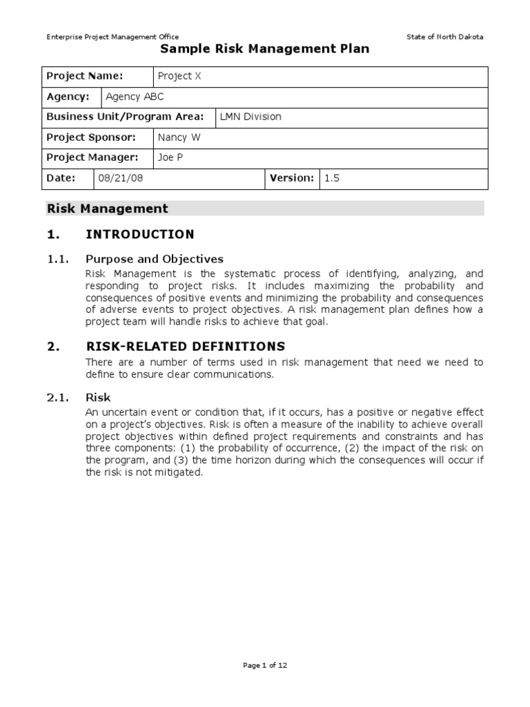 Sample Risk Management Plan for Projects | PDF | Risk Management ...