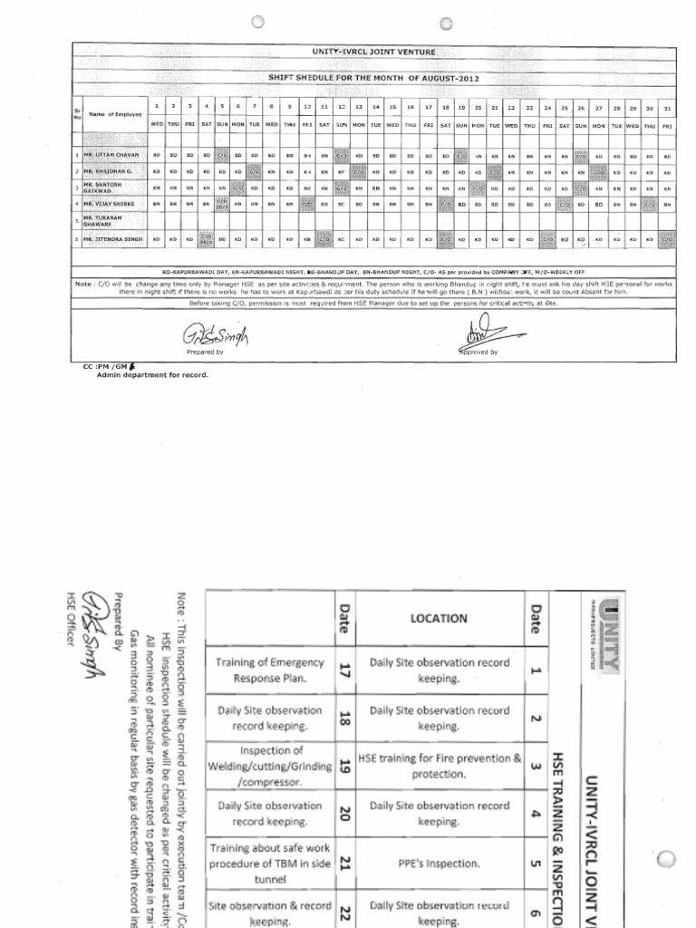 HSE Monthaly Shedule Personal Shift Shedule PDF | PDF | Prevention | Safety