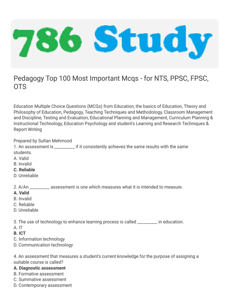 General Knowledge - Pedagogy Top 100 Most Important Mcqs - For NTS ... General Knowledge - Pedagogy Top 100 Most Important Mcqs - For NTS ...
