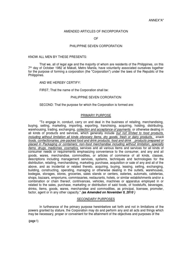 Amended Articles of Incorporation: Philippine Seven | PDF | Stocks | Retail
