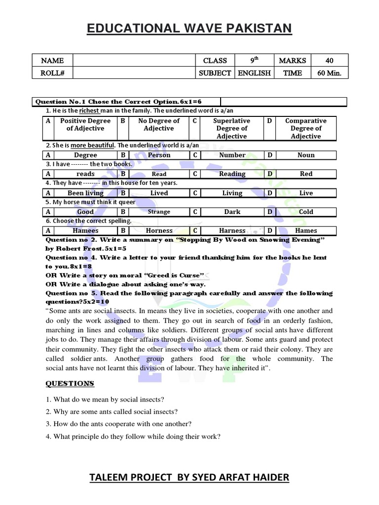 English Test 8 For 10th Class | PDF | Adjective | English Language