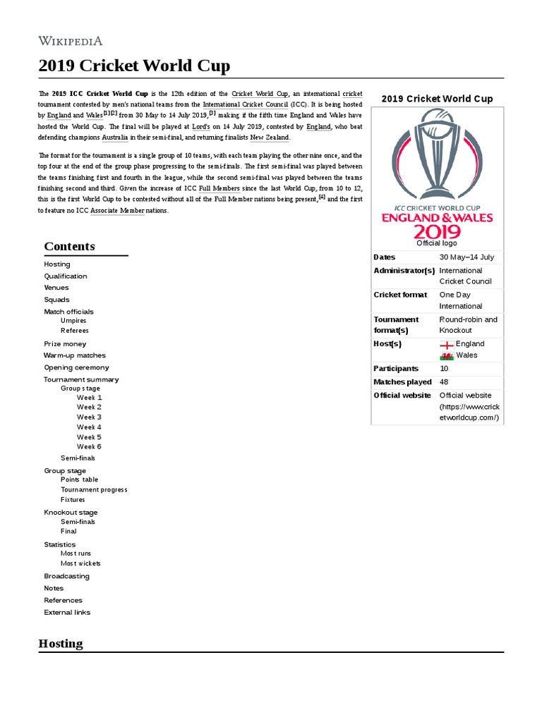 2019 - Cricket - World - Cup Project | PDF | England Cricket Team | One Day International Cricket