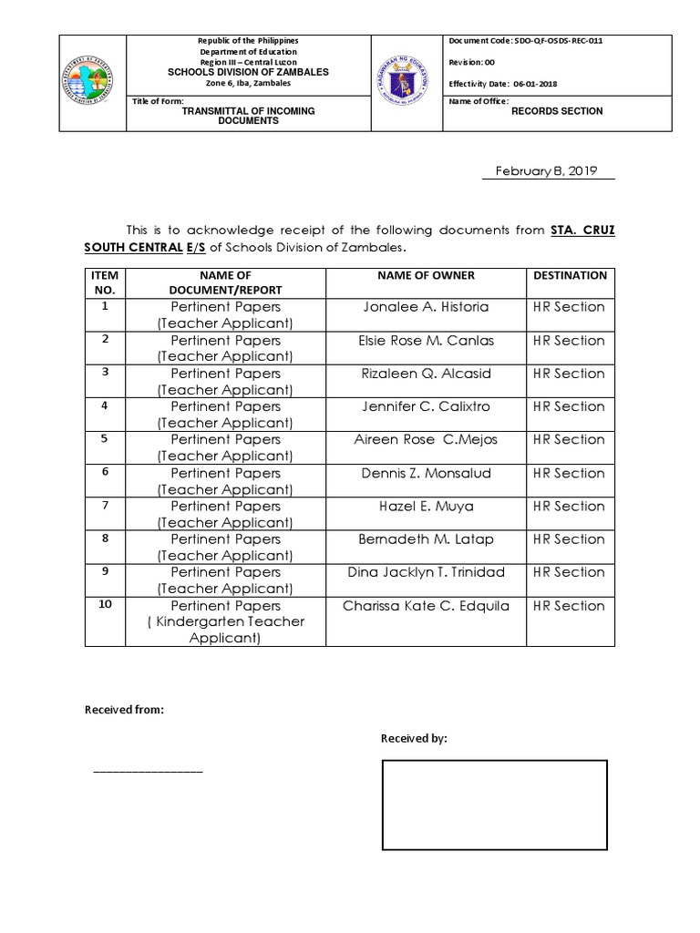 Transmittal Form SDO QF OSDS REC 011 | PDF
