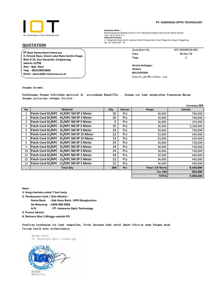 Contoh Quotation Pt. Data Komunikasi Internusa | PDF