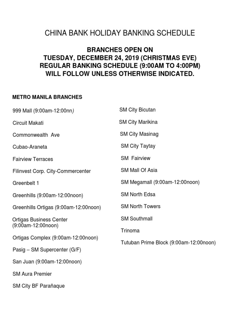 China Bank December 2019 Holiday Banking Schedule | PDF | Metro Manila ...