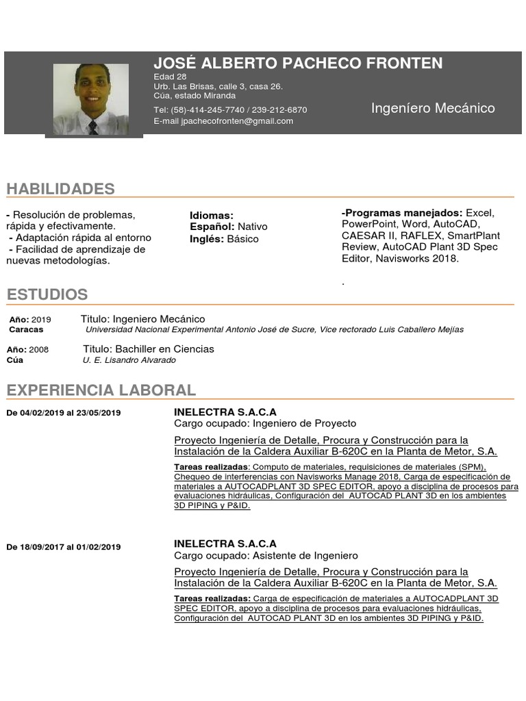 CV - Jose Pacheco | PDF | Ingeniería mecánica | Ingeniería