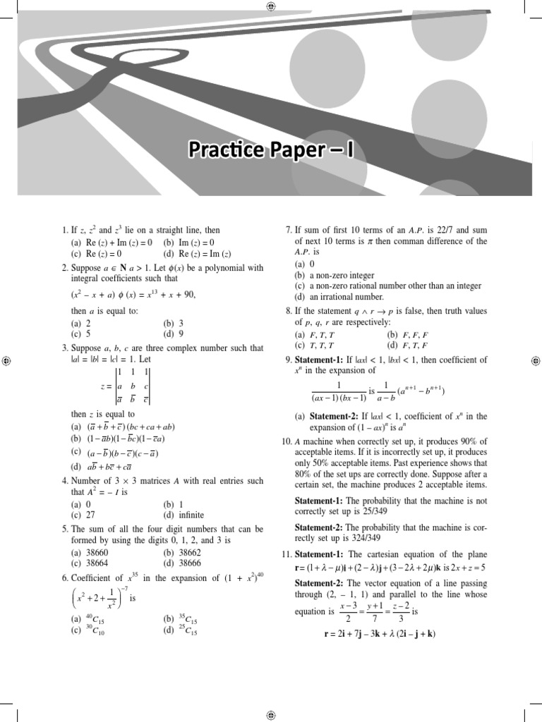 Practice Paper 1 Jee Main Mathematics. - CB1198675309 | PDF | Integer | Mathematical Analysis