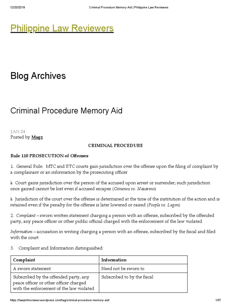 Criminal Procedure Memory Aid | PDF | Bail | Arrest