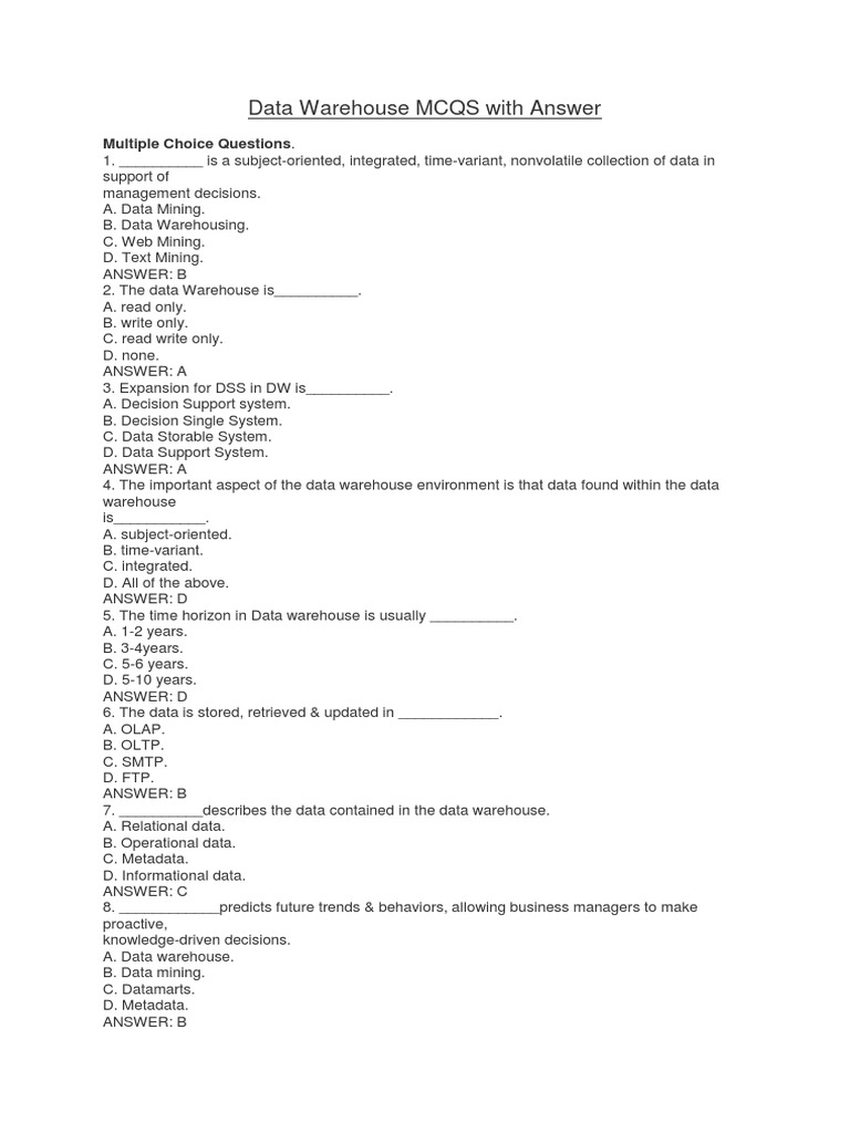 Data Warehouse MCQS With Answer | PDF | Data Warehouse | Metadata