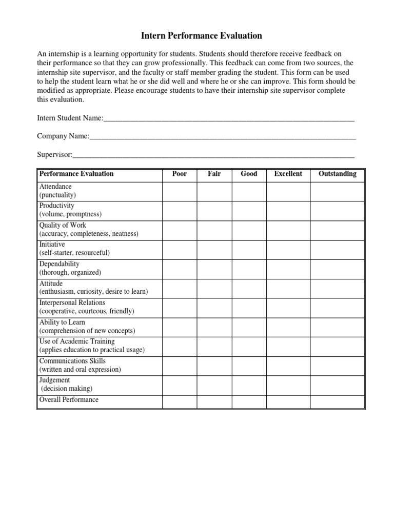 Generic Internship Feedback Form PDF | PDF | Performance Appraisal ...