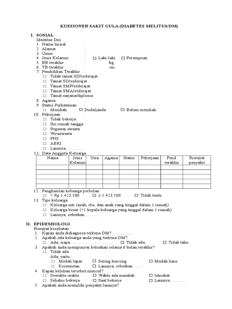 Kuesioner Sakit Gula (Diabetes Melitus - DM) | PDF