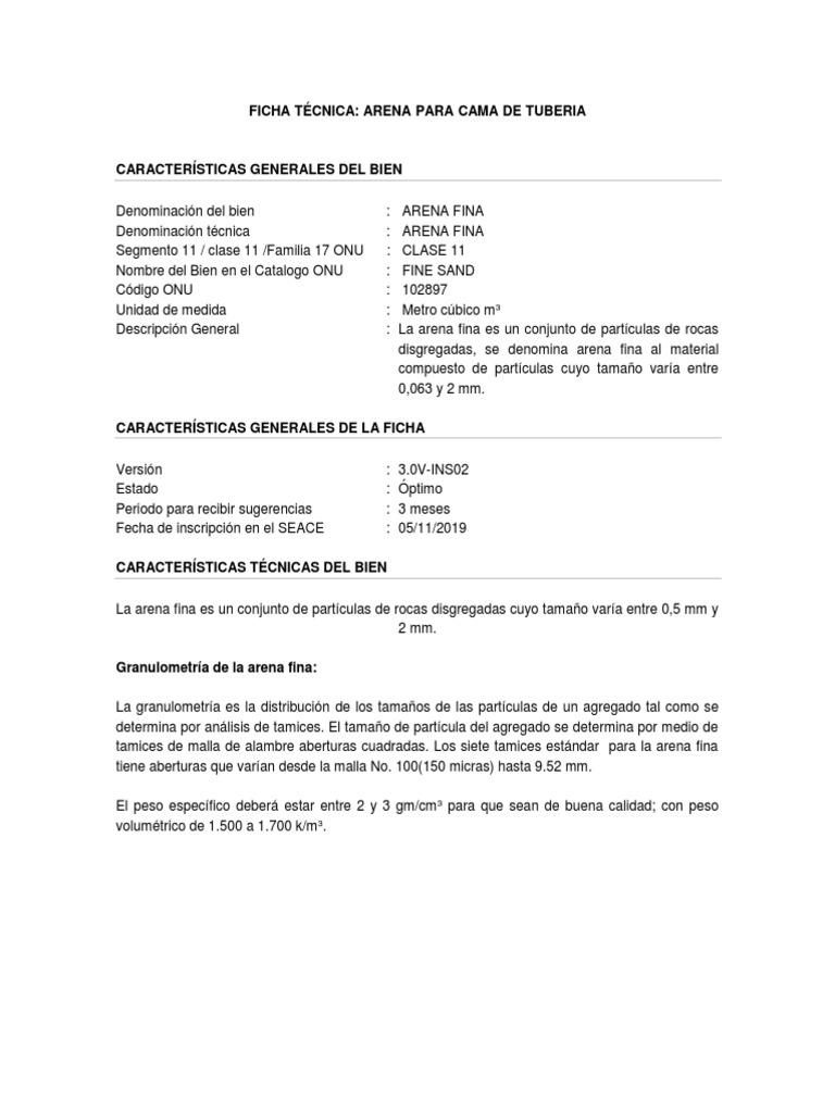 Ficha Tecnica Arena Fina | PDF | Arena | Materiales naturales