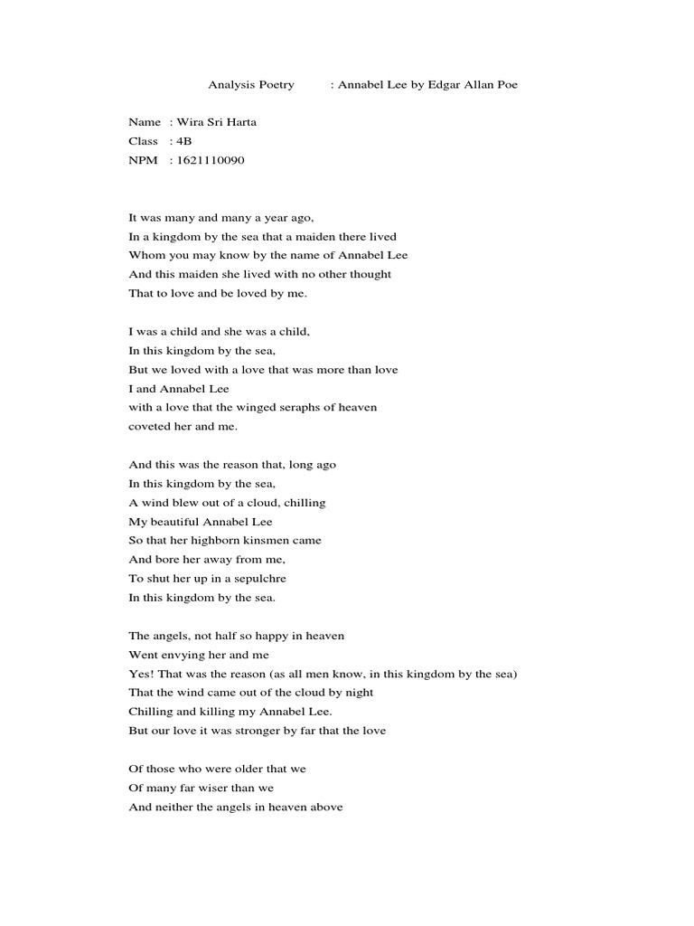 Analysis Poetry: Annabel Lee by Edgar Allan Poe | PDF | Poems | Works ...