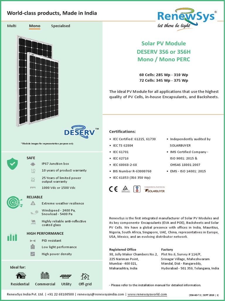 RenewSys Solar Panel Specifications | PDF | Manufactured Goods ...