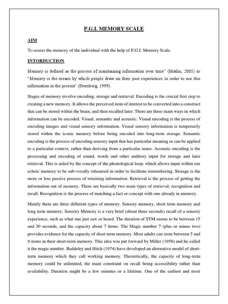 P.G.I. Memory Scale assessment | PDF | Recall (Memory) | Memory