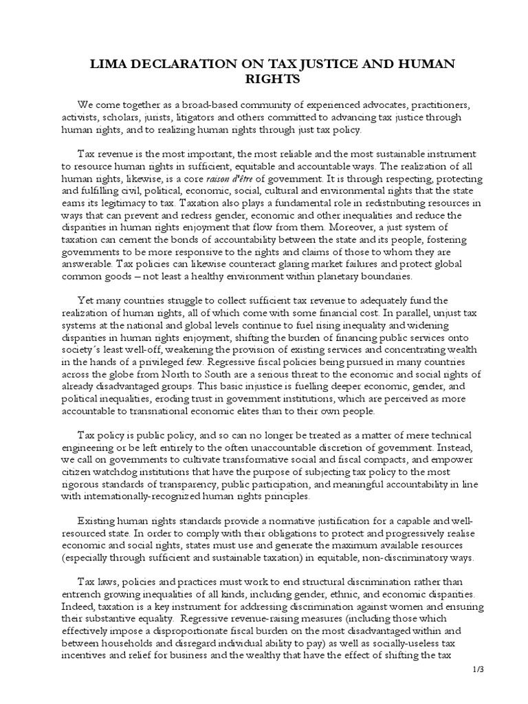 Lima Declaration Tax Justice Human Rights | PDF | Economic Inequality | Discrimination & Race ...