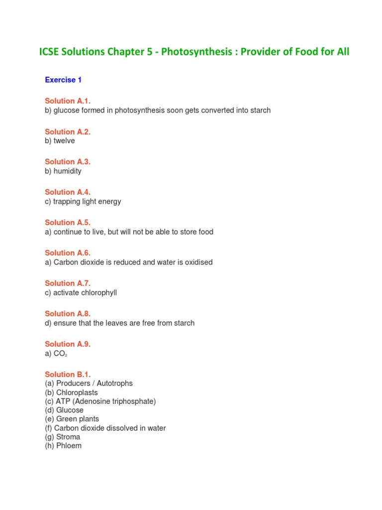 Icse Class 10 Biology Selina Solutions Chapter 5 Photosynthesis ...