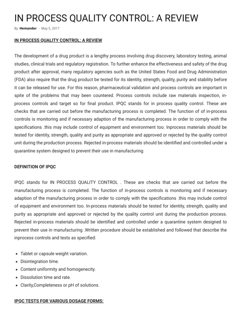 In Process Quality Control Pharma Pathway | PDF | Tablet (Pharmacy ...