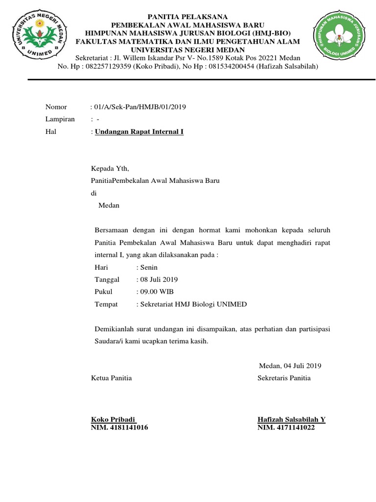 Undangan Rapat Internal Panitia Pembekalan | PDF