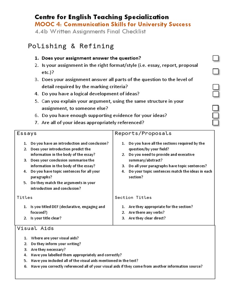 4.4b Written Assignment Checklist | PDF | Paragraph | Essays