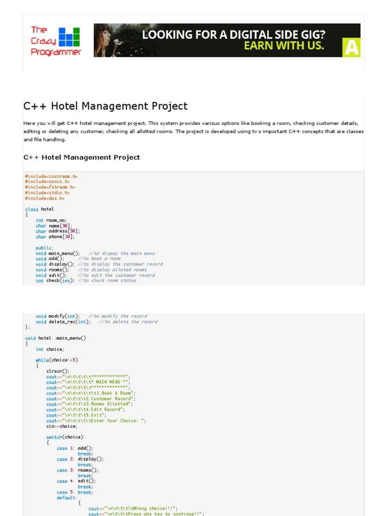 C++ Hotel Management Project - The Crazy Programmer | PDF | Software ...