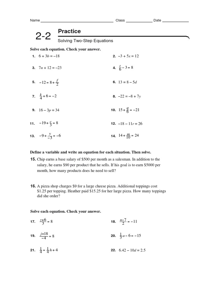 2.2 Solving Two-Step Equations Worksheet | PDF