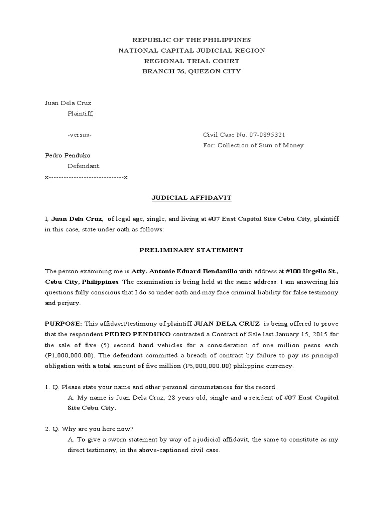 Sample Judicial Affidavit | PDF | Perjury | Lease